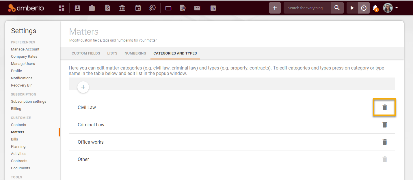 How to Add, Remove or Edit Matters Categories and Types?